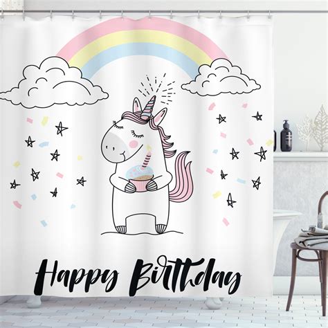 Unicorn Party Shower Curtain Hand Lettering Cheerful Birthday