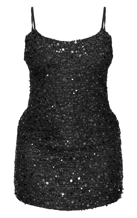 Plus Black Textured Sequin Embellished Mini Dress Plus Size