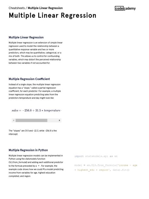 Multiple Linear Regression Multiple Linear Regression Cheatsheet Codecademy Pdf Linear