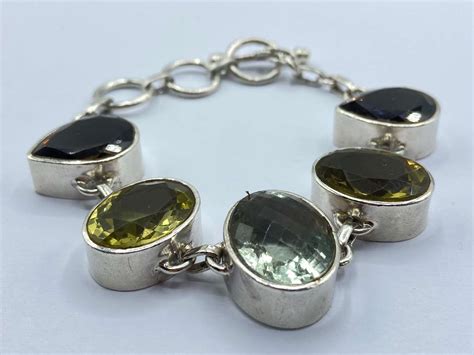 Vintage Sterling Silver Aquamarine Citrine And Smoky Quartz Bracelet