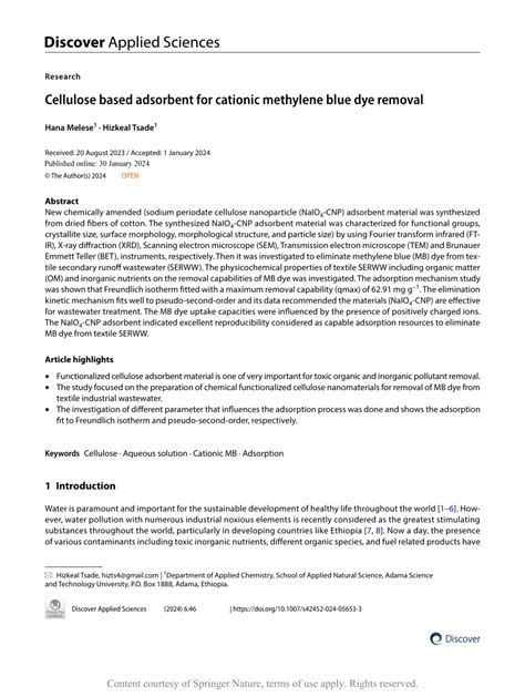 Pdf Cellulose Based Adsorbent For Cationic Methylene Blue Dye Removal