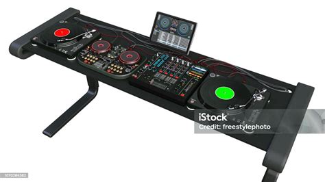사운드 믹서 및 오디오 녹음 장비와 Dj 턴테이블 스탠드 디스크 자키 음악 악기 흰색 배경 3d에 고립 된 렌더링 3차원 형태에