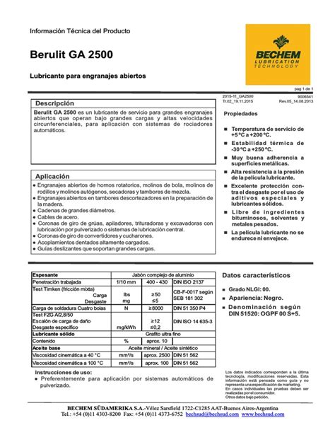 Pds Bechem Berulit Ga 2500 Es Pdf Lubricante Engranaje