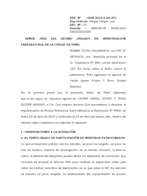 Absolucion De Requerimiento De Prision Preventiva Pdf Policía Robo