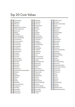 SAMPLE Core Values Lists In PDF MS Word Excel