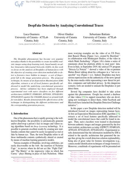 Guarnera Deepfake Detection By Analyzing Convolutional Traces Cvprw 2020 Paper Pdf Applied
