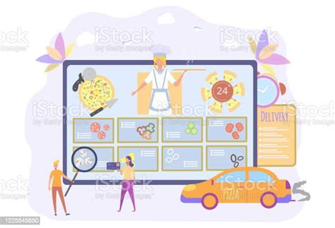 24 시간 피자 피자를 주문합니다 음식 배달 온라인 음식 주문 다채로운 벡터 일러스트레이션입니다 24 시간 영업 표시에 대한 스톡 벡터 아트 및 기타 이미지 Istock