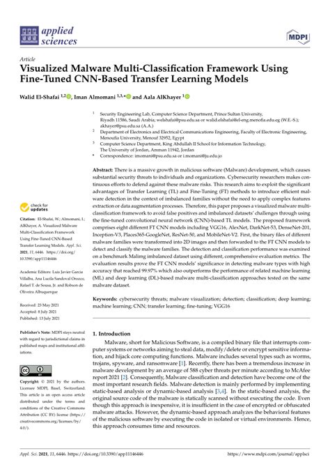Pdf Visualized Malware Multi Classification Framework Using Fine Tuned Cnn Based Transfer