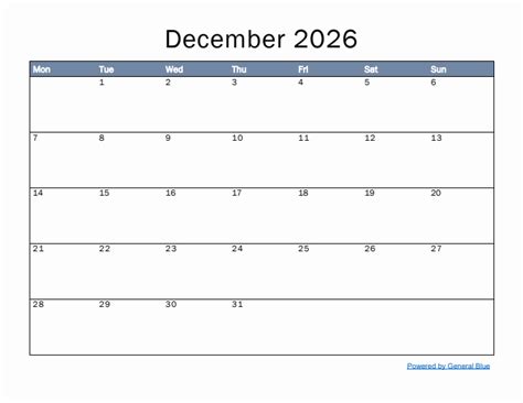 Monthly Calendar Template For December 2026 Monday Start