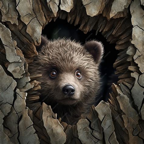 Premium Photo Little Bear Cub Peeking Out From A Hole