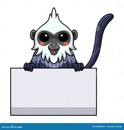Cute White Headed Langur Cartoon Holding Blank Sign Vector Illustration