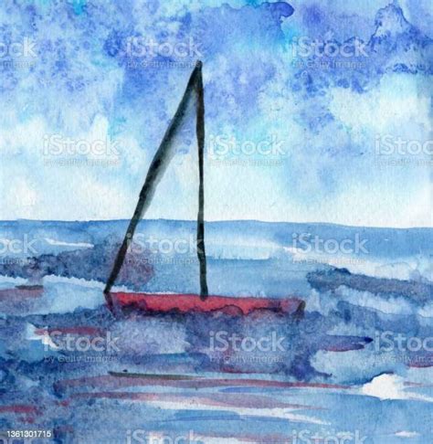 손으로 그린 바다 스케이프 수채화 스케치 바다 또는 바다에서 파도와 풍경 빨간 돛 보트 여름 방학 파란색과 흰색 흐린 하늘 자연과 생태학 엽서 포스터 및 인쇄용 범선