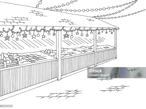 크리스마스 공정한 거리 그래픽 블랙 화이트 풍경 스케치 그림 벡터 시장 가판대에 대한 스톡 벡터 아트 및 기타 이미지 시장