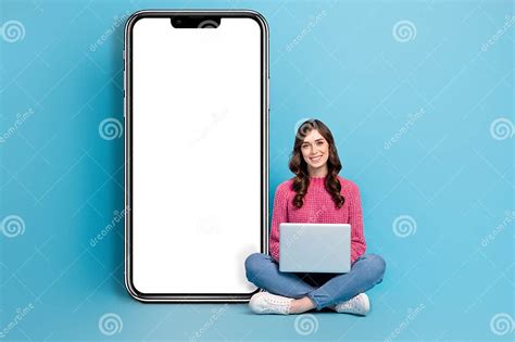 Full Length Photo Of Professional Lady Programmer Freelancer Sit With Laptop Near Huge Display