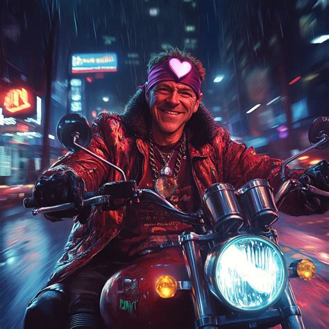 술에 취한 중년 남성이 하트 모양의 머리띠를 하고 오토바이를 타고 있는 장면 밤하늘 아래 도시의 거리 배경 오토바이의 불빛이