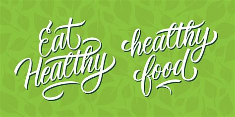 먹고 건강 녹색 바탕에 건강 한 음식 손으로 비문 음식에 대 한 창조적인 인쇄 술 시장 유기농 제품 프로 모션 건강 한 라이프 스타일 동기 부여 개체 그룹에 대한 스톡 벡터