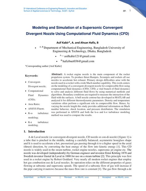 Pdf Modeling And Simulation Of A Supersonic Convergent Divergent Nozzle Using Computational