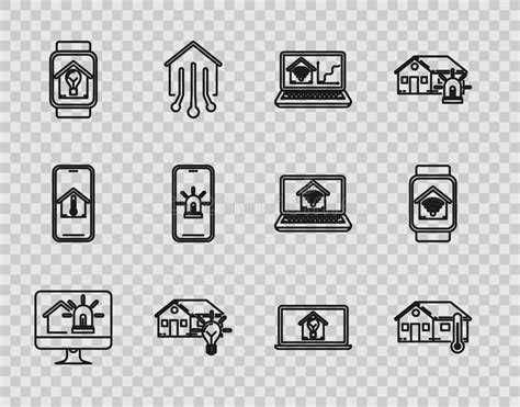 Set Line Computer Monitor With Smart House And Alarm House Temperature Laptop Home Wi Fi