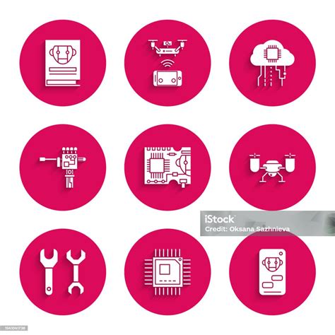 인쇄 회로 기판 Pcb 미세 회로 Cpu가 있는 프로세서 봇 드론 비행 액션 카메라 스패너 기계식 로봇 손 및 드라이버 사물 인터넷 및 사용 설명서 아이콘을 설정합니다 벡터