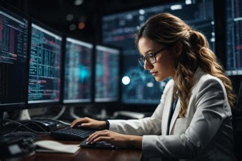Premium Ai Image Portrait Of A Woman Working On Computer Typing Lines Of Code That Appear On