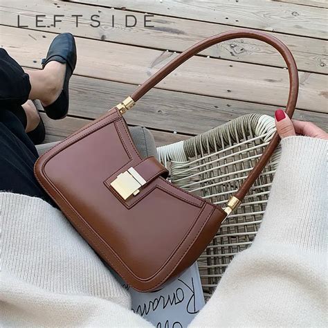 바게트백 Leftside 여성용 Pu 가죽 숄더백 2023 트렌드 잠금 핸드백 소형 지갑 레이디 디자이너 지퍼 클러치