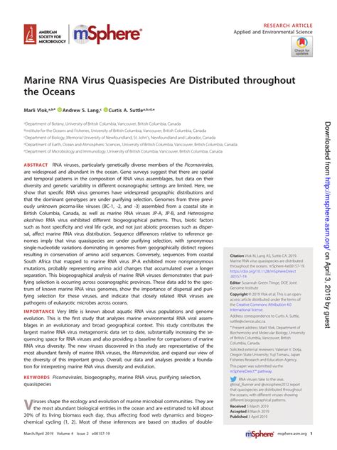 Pdf Marine Rna Virus Quasispecies Are Distributed Throughout The Oceans