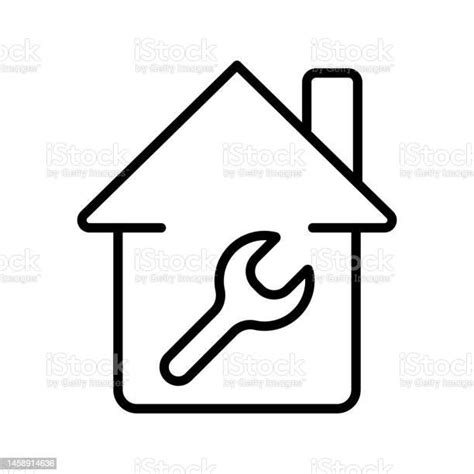 집과 렌치 라인 아이콘입니다 건설 건물 건축 엔지니어링 프로젝트 수정 수리 엔지니어 건축업자 서비스 타이어 피팅 기술 개념입니다 흰색 배경에 벡터 선 아이콘 가격에 대한