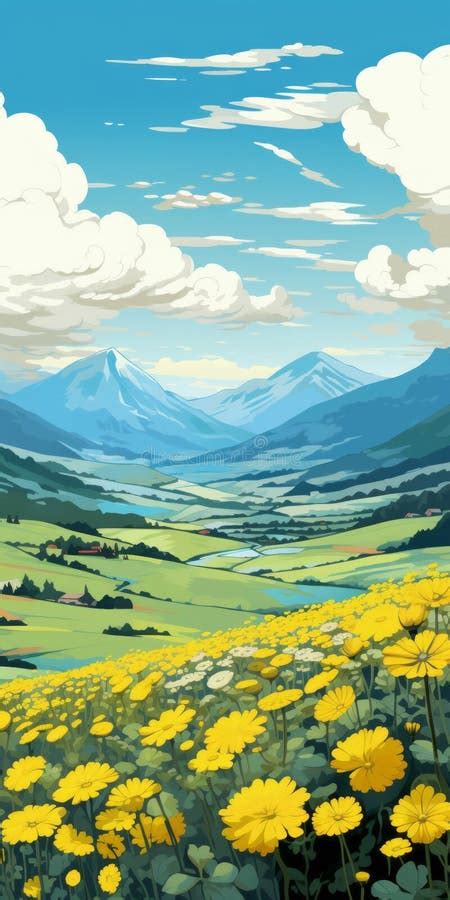 Romanticized Flower Field Illustration With Hyper Detailed Wilderness Stock Illustration