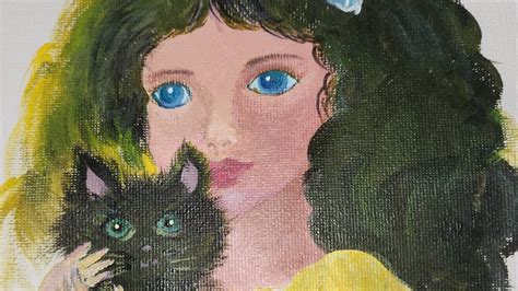 색연필 스케치 아크릴물감으로 귀여운 소녀와 검은고양이 묘사방법~ Youtube