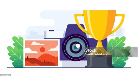 카메라와 트로피가 있는 풍경 사진 사진 공모전 플랫 벡터 일러스트 레이 션 템플릿 사진 예술 및 공예제품에 대한 스톡 벡터 아트