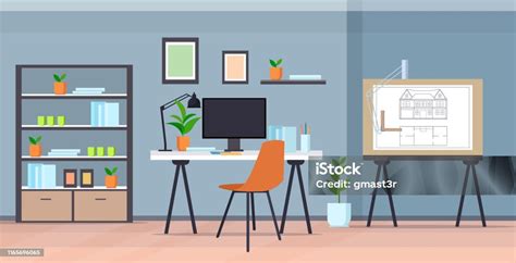 현대 초안 스튜디오 청사진 보드에 새로운 집 계획 빈 아니 사람 디자이너 건축가 작업장 사무실 인테리어 평면 수평 모던 양식에 대한 스톡 벡터 아트 및 기타 이미지 Istock