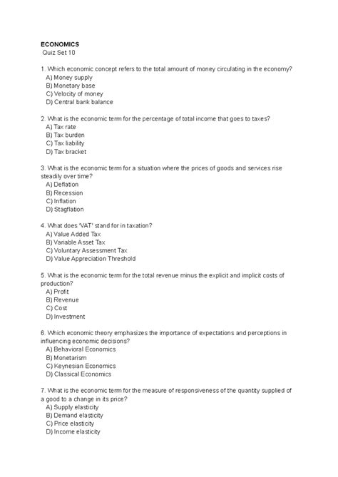 Econ Quiz 10 Practice Material Economics Quiz Set 10 Which