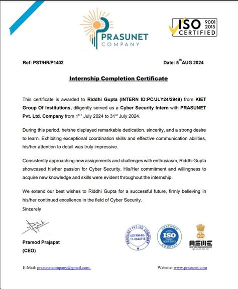 Riddhi Gupta On Linkedin Celebrating My Cybersecurity Internship Journey At Prasunet Company🎇 I Am…