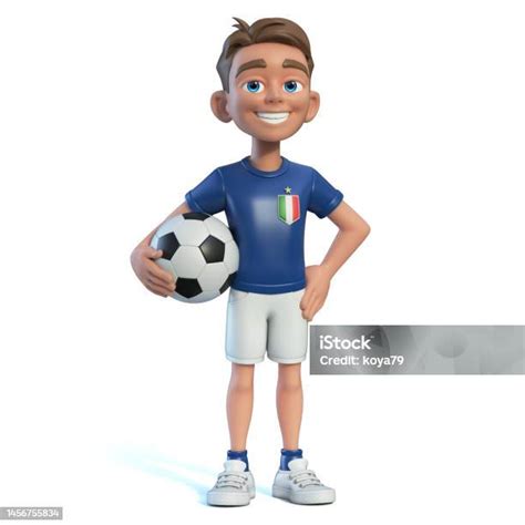 이탈리아 국가 대표팀 키트 셔츠 및 반바지를 입은 어린 소년 축구 선수 이탈리아 축구 팀 마스코트 3d 렌더링으로 만화 캐릭터 축구에 대한 스톡 사진 및 기타 이미지