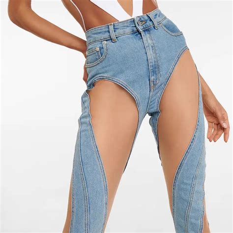 Design Womens New Fashion Sexy Mesh Splicing Open Front Jeans Juicy