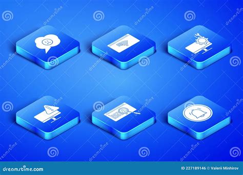 Set Button Chat Notification Speech Bubble With Sad Smile System Bug Concept Monitor