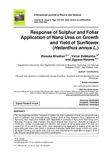 Pdf Response Of Sulphur And Foliar Application Of Nano Urea On Growth