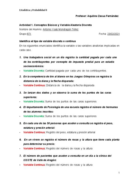 Actividad 1 Variable Aleatoria Discreta Pdf Variable Aleatoria