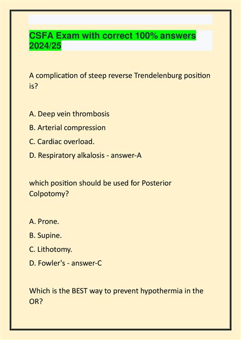 CSFA Exam Questions And Answers Surgical Procedures And Patient Positioning Exams Medicine