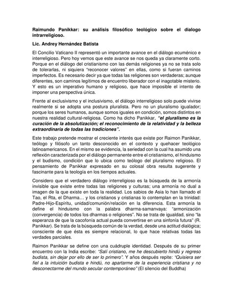 Pdf Raimundo Panikkar Su Análisis Filosófico Teológico Sobre El Dialogo Intrarreligioso