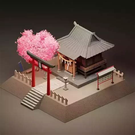 3d Model Japan Shrine Cartoon Game Isometric Vr Ar Low Poly