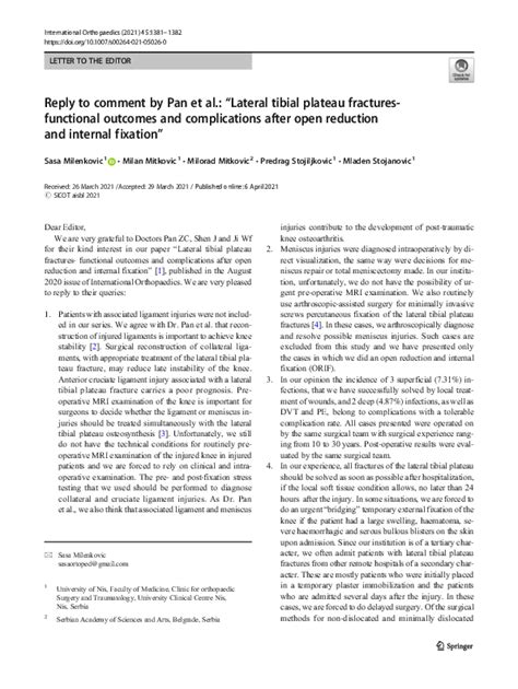 Pdf Reply To Comment By Pan Et Al “lateral Tibial Plateau Fractures Functional Outcomes And