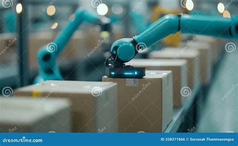 Packaging And Sorting Robot Working In Close Proximity To Other Robots With View Of Futuristic