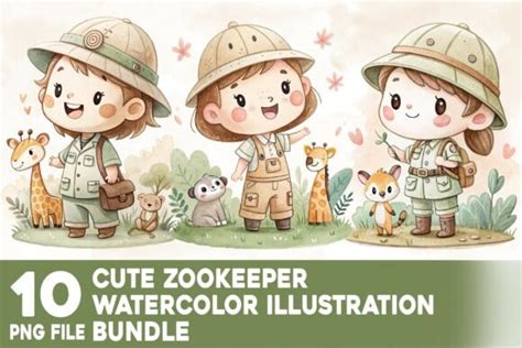Cute Kawaii Zookeeper Watercolor Bundle Graphic By Hega Prakosa