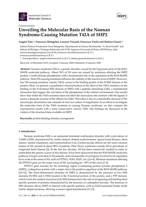 Pdf Unveiling The Molecular Basis Of The Noonan Syndrome Causing Mutation T42a Of Shp2