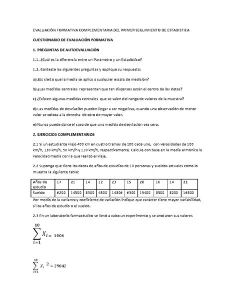Estadistica Complemento Del Primer Seguimiento Evaluaci”n Formativa