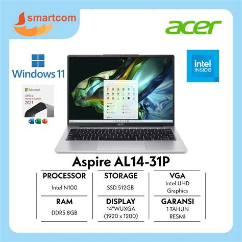Jual Acer Aspire Lite AL14 31P Intel N100 8GB 512GB SSD 14 WUXGA IPS Win 11 Home OHS 2021
