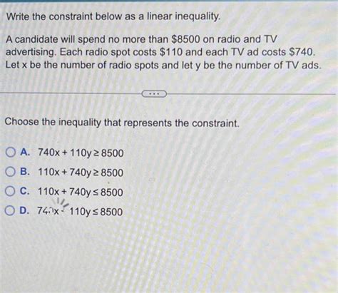 solved write the constraint below as a linear inequality a
