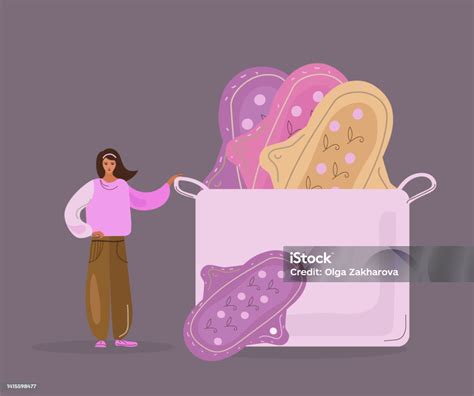 문제 결핍 제품 여성 위생 생리복 재사용 가능한 천 패드 및 컵은 생리주기 제로 폐기물 만화 벡터 일러스트 레이 션에서 보호 여성을위한 위생 용품입니다 3차원 형태에 대한