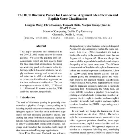 The Dcu Discourse Parser For Connective Argument Identification And Explicit Sense